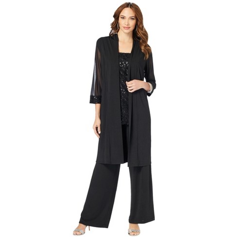Roaman's Women's Plus Size Three-piece Lace & Sequin Duster Pant Set ...
