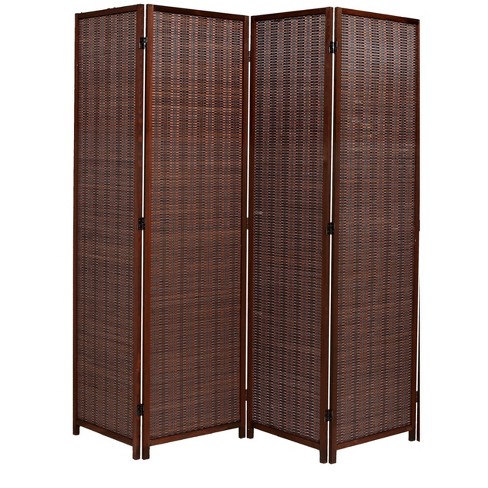 4 Panel Room Divider Brown Color Wood And Bamboo Weave : Target