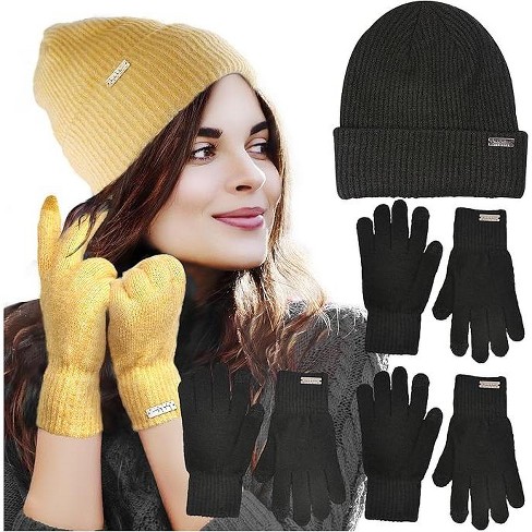 Nicole Miller Hat and Glove Set for Women Pack of 2 Winter Beanie Hats Soft Warm Gloves Sets Black Mustard
