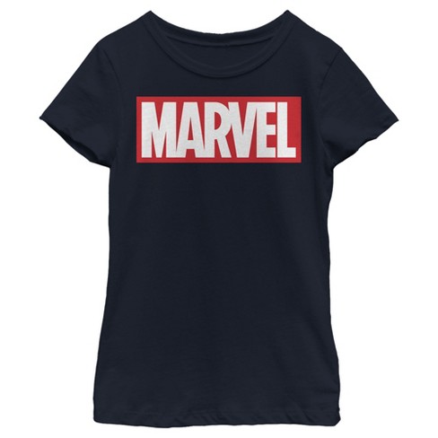 Girl's Marvel Classic Bold Logo T-shirt - Navy Blue - Small : Target