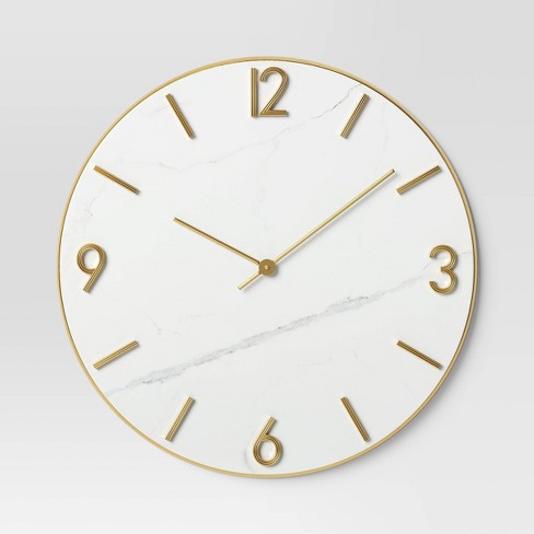 26" Faux Marble Finished In Polished Brass Wall Clock White - Threshold ...