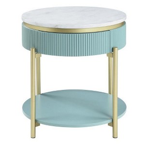 23 Inch Round Side End Table, White Faux Marble Top, Teal Reeded Edge ...