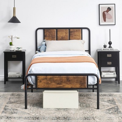 Vecelo Twin Size Bed Frame With Brown Wooden Headboard, Heavy-duty ...