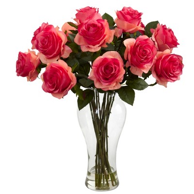Nearly Natural Blooming Roses With Vase, Burgundy : Target
