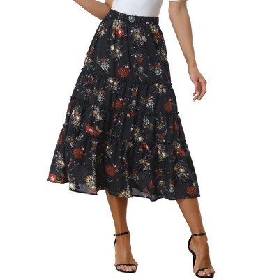 Allegra K Women's Floral Elastic Waist Tiered Ruffle Boho Midi Skirts ...