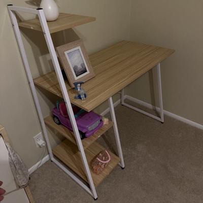 Costway Computer Desk With Shelves Workstation With Bookshelf Natural ...