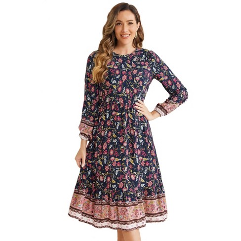 Allegra K Women's Boho Floral Long Sleeves Midi Dress Navy Blue Large ...