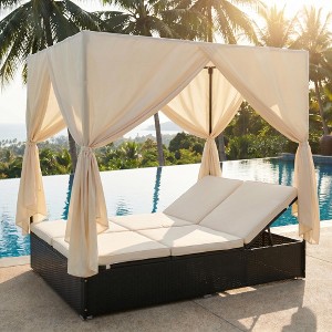 Outdoor Double Chaise Lounge Daybed with Curtains, Adjustable Canopy ...