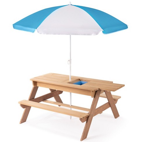 3-in-1 Kids Outdoor Wooden Picnic Table With Umbrella, Naturally ...