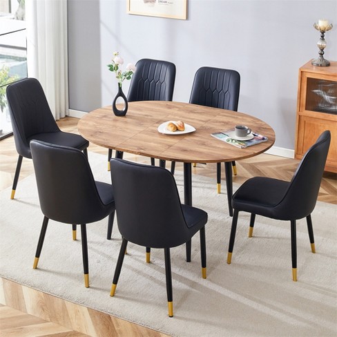 7pcs Dining Table Set With Retractable Kitchen Table And 6 Pu ...