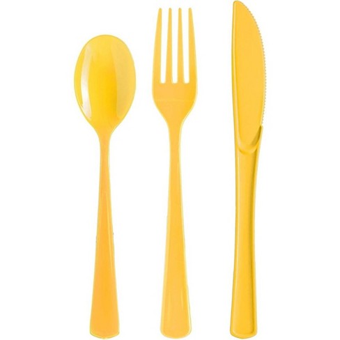 Exquisite Yellow Plastic Utensil Cutlery Set Forks Spoons Knives- 150 ...