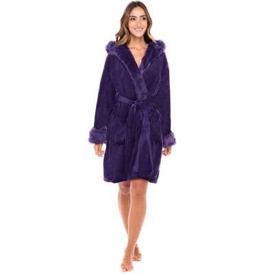 Alexander Del Rossa Women's Plush Robe with Faux Fur Accents, Short ...