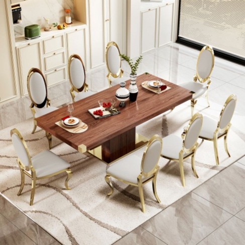 Dining Table, 78.74 Inch Kitchen Table With Gold Finish Corner ...