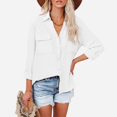 Women's Long Sleeve Button Front Fitted Top - Cupshe -White : Target