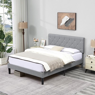 Vecelo Full Size Bed Frame With Gray Wooden Headboard, Heavy-duty ...