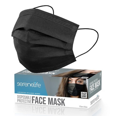 Serenelife 3 Ply Disposable Face Masks, Black, 50 Pcs., Breathable Non ...