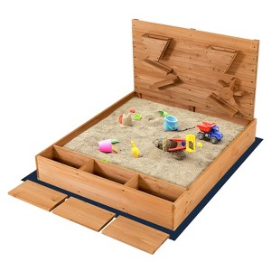 Kids Sandbox, Wooden Square Sandbox with Cover, Built In Sand Wall ...