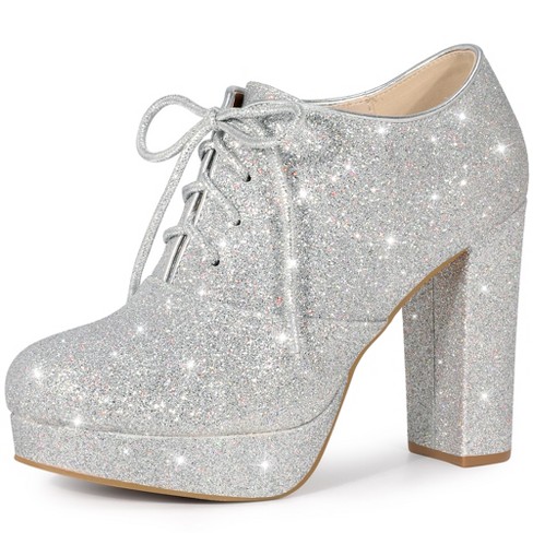 Perphy Women's Glitter Lace Up Platform Block Heel Ankle Booties Silver ...