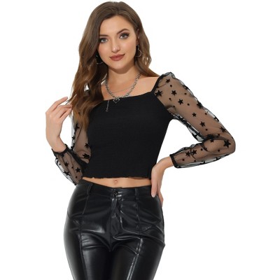 Allegra K Women's Square Neck Mesh Sheer Star Print Long Sleeve ...