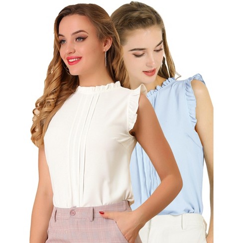 Allegra K Women's Ruffled Crew Neck Office Vintage Sleeveless Blouses 2 ...