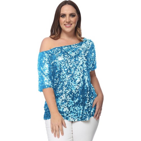 Anna-kaci Plus Size Sequin One Shoulder Short Sleeve Sparkle Party Top ...