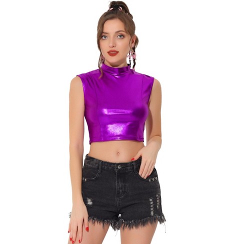Allegra K Women's Metallic Crop Shiny Sleeveless Holographic Party Tank ...