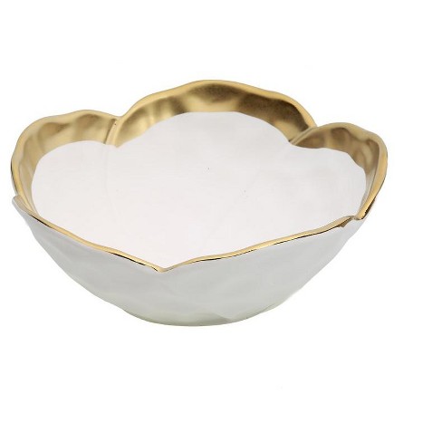 Classic Touch White Porcelain Flower Shaped Bowl With Gold Rim, 7"d ...