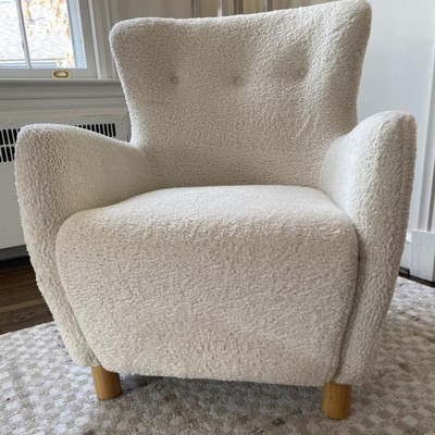 Kessler Round Tufted Faux Shearling Ottoman With Wood Legs Cream ...