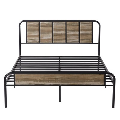 Vecelo Gray Queen Size Platform Metal Bed Frame With Wooden Headboard ...