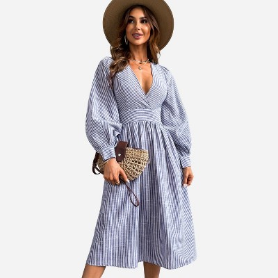 Women's Balloon Long Sleeve Stripe Midi Dress -cupshe - Blue : Target