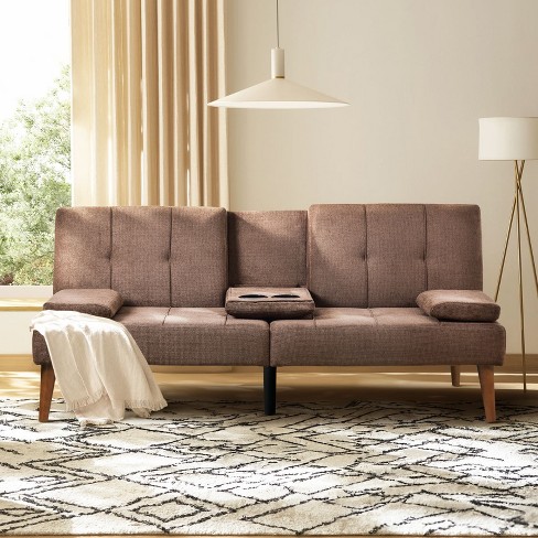 Futon Sofa Bed Leather Small Futon Couch Futon Lounge Sofa Futon Convertible with Cup Holder Brown