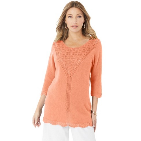 Roaman's Women's Plus Size Lace Knit Pullover Sweater - 18/20, Orange ...