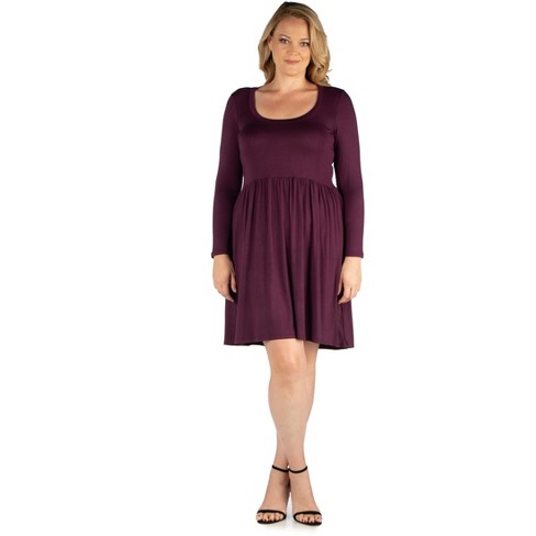 24seven Comfort Apparel Casual Long Sleeve Pleated Plus Size Dress-plum ...