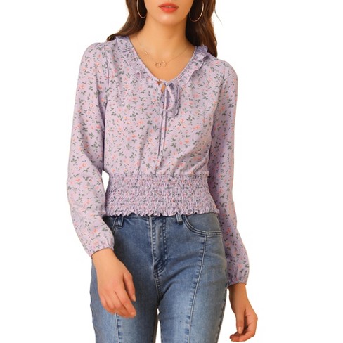 Inspire Chic Women's Tie V Neck Ruffle Collar Long Sleeve Blouses : Target