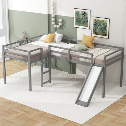 Twin Size Loft Bed, L-shaped Bed With Ladder And Slide, Gray ...