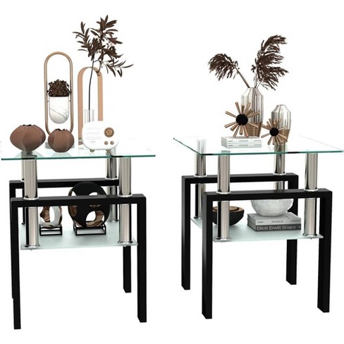 2 Pcs Modern Coffee Table,2-layers Tempered Glass Accent Side Table ...