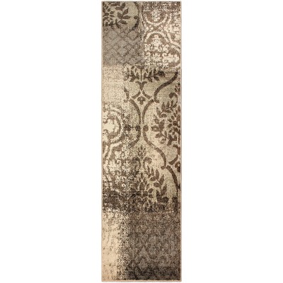 Distressed Abstract Damask Indoor Area Rug, 2'7"x6', Beige-brown - Blue ...