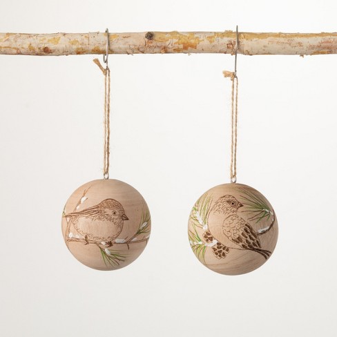 Wood Sphere Bird Ornament Natural 3"h Wood Set Of 2 : Target