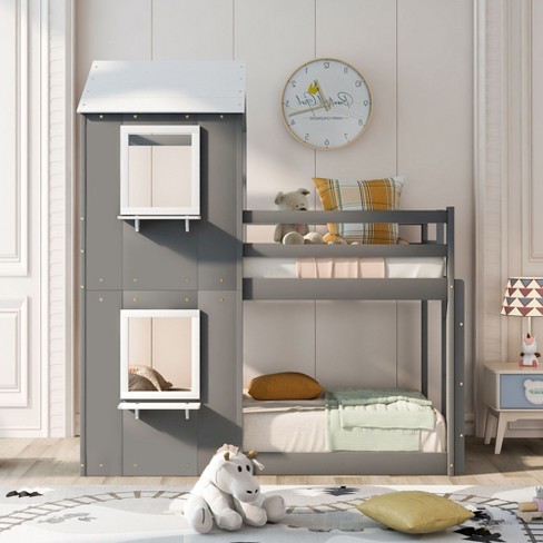 Nicbex Twin Over Twin Bunk Bed Roof Shape Loft Bed Pine Bed Frame With ...