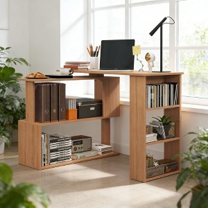 TUYOHW Writing Table,360° Rotating Home Office Desk with Shelves ...
