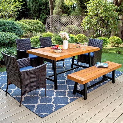 6pc Patio Dining Set With Acacia Table & Bench & 4 Pe Rattan Chairs ...