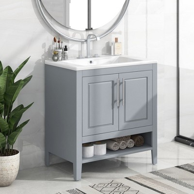 30" Bathroom Vanity With Top Sink, 2 Drawers And 1 Tip-out Drawer, Gray ...