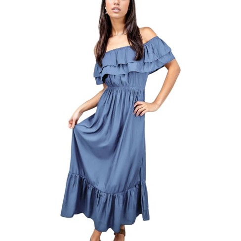 Anna-kaci Women's Off Shoulder Double Ruffle Elastic Waist Maxi Flared ...