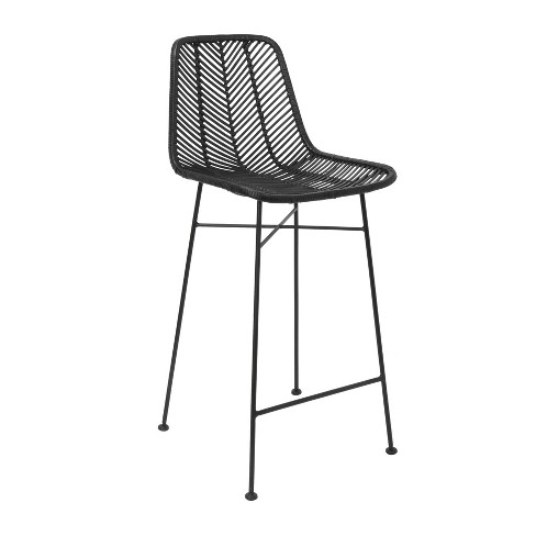Storied Home Rattan Bar Stool Black: Wrought Iron Frame, Fixed Height ...