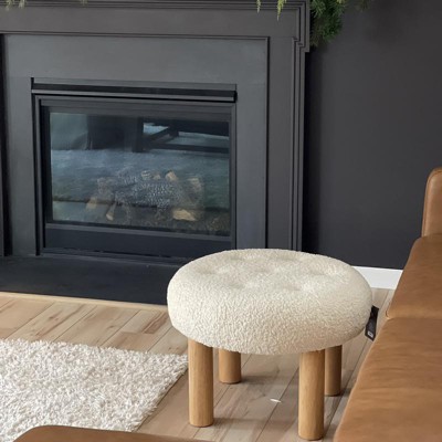 Kessler Round Tufted Faux Shearling Ottoman With Wood Legs Cream ...