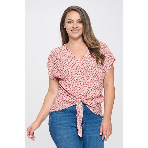 West K Women's Ana Plus Size Tie Front Top - 3x - Red Ditzy Floral : Target