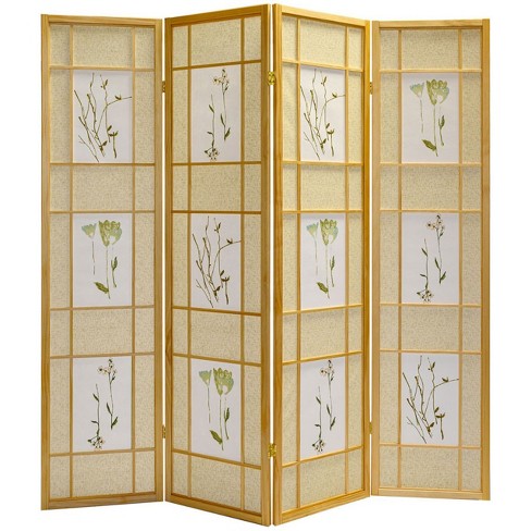4 Panel Natural/beige Floral Accented Screen Room Divider With Wood ...
