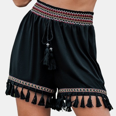 Women's Black Elastic Waist Tassel Hem Straight Leg Shorts - Cupshe-xl ...