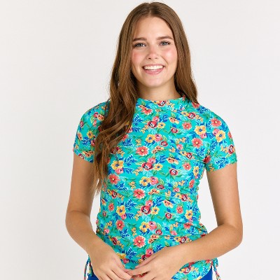 Calypsa Women's Mock Neck Short Sleeve Upf 50+ Adele Swim Top - Coastal ...