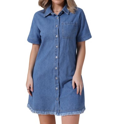Inspire Chic Women's Denim Button Front Frayed Hem Collared Short ...